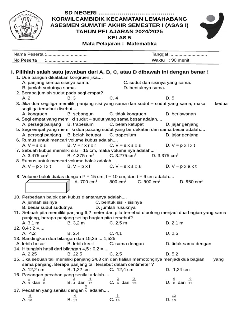 Soal MTK KLS 5 Asas SMT 1 2024 | PDF