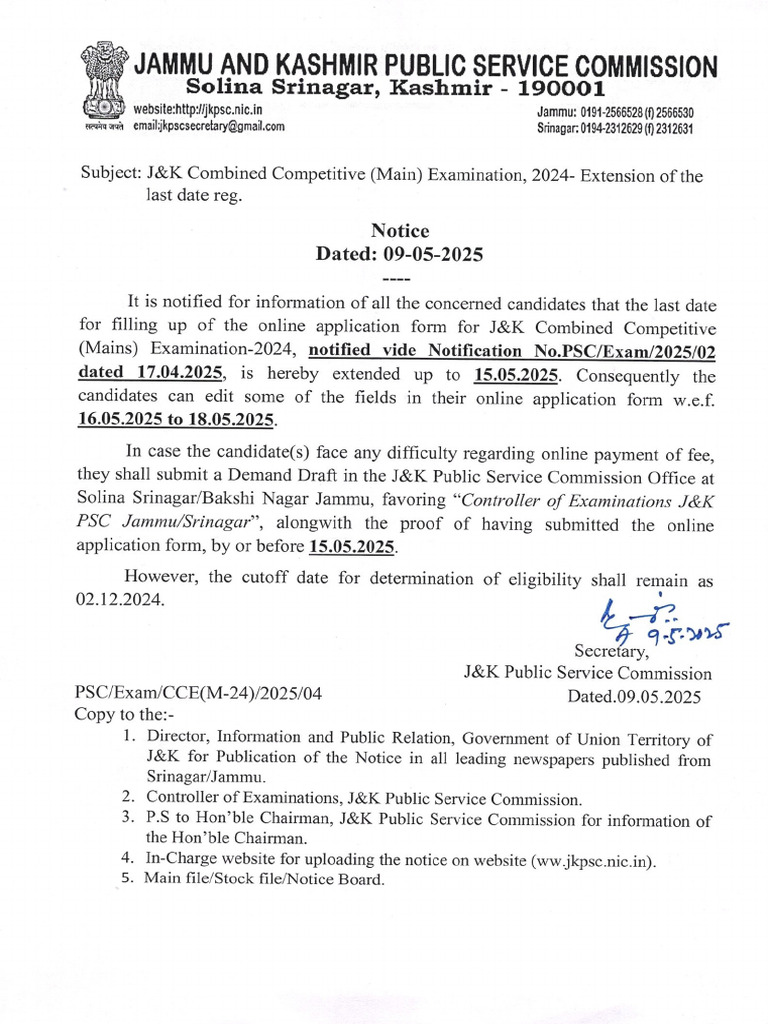 JK Combined Competitive (Main) Examination 2024 Extension of The Last ...