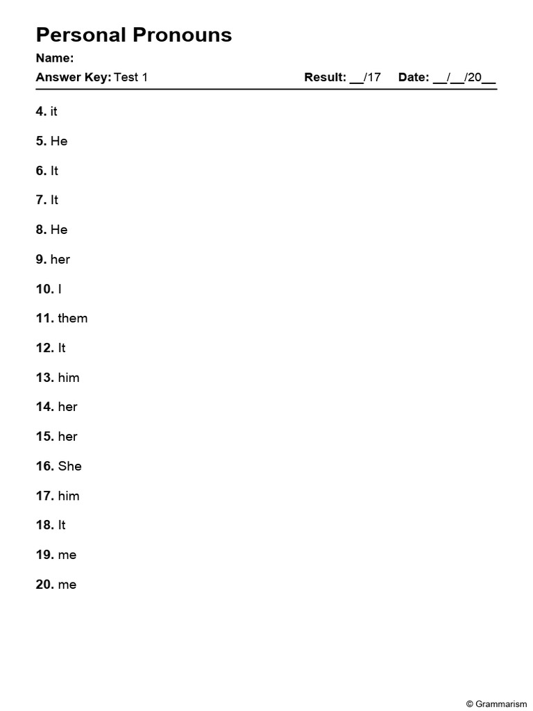 Grammarism Personal Pronouns Test 1 Answers 2471818 | PDF