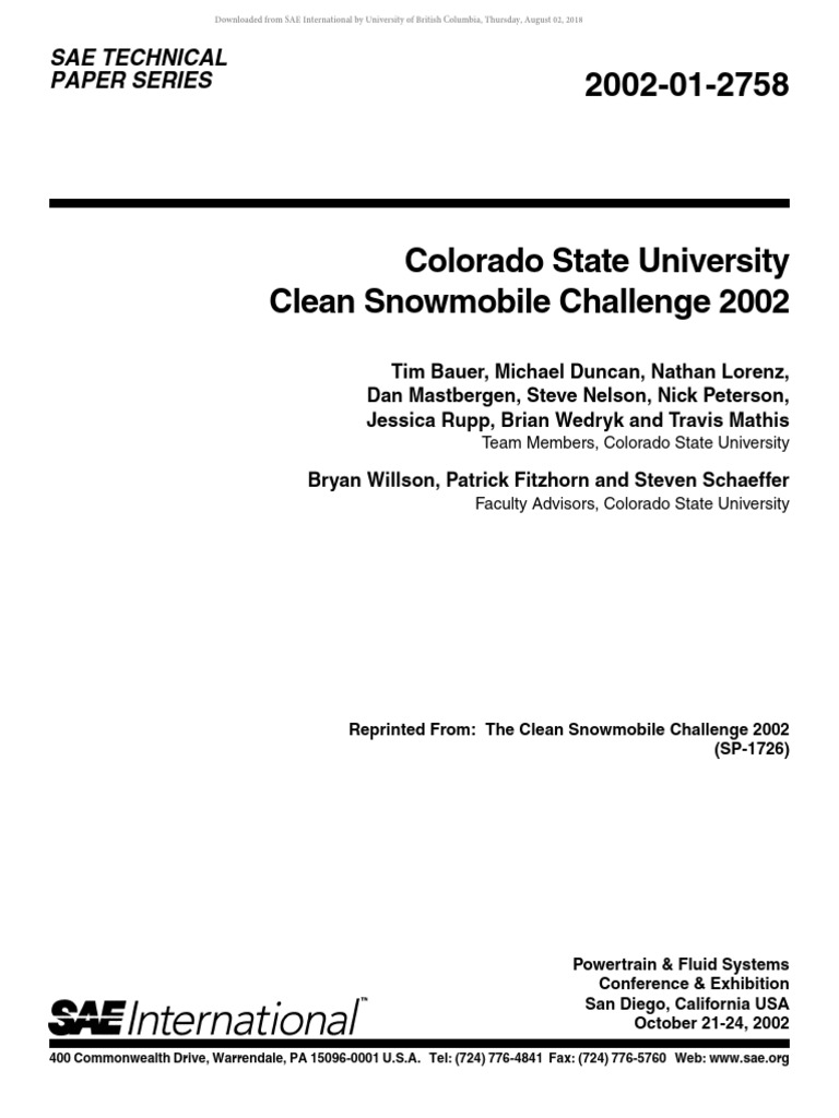 SAE 2002-01-2758 Clean Snowmobile challenge 2002 | PDF | Fuel Injection ...