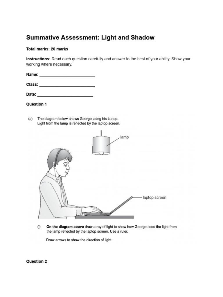 Summative Assessment - Light and Shadow | PDF