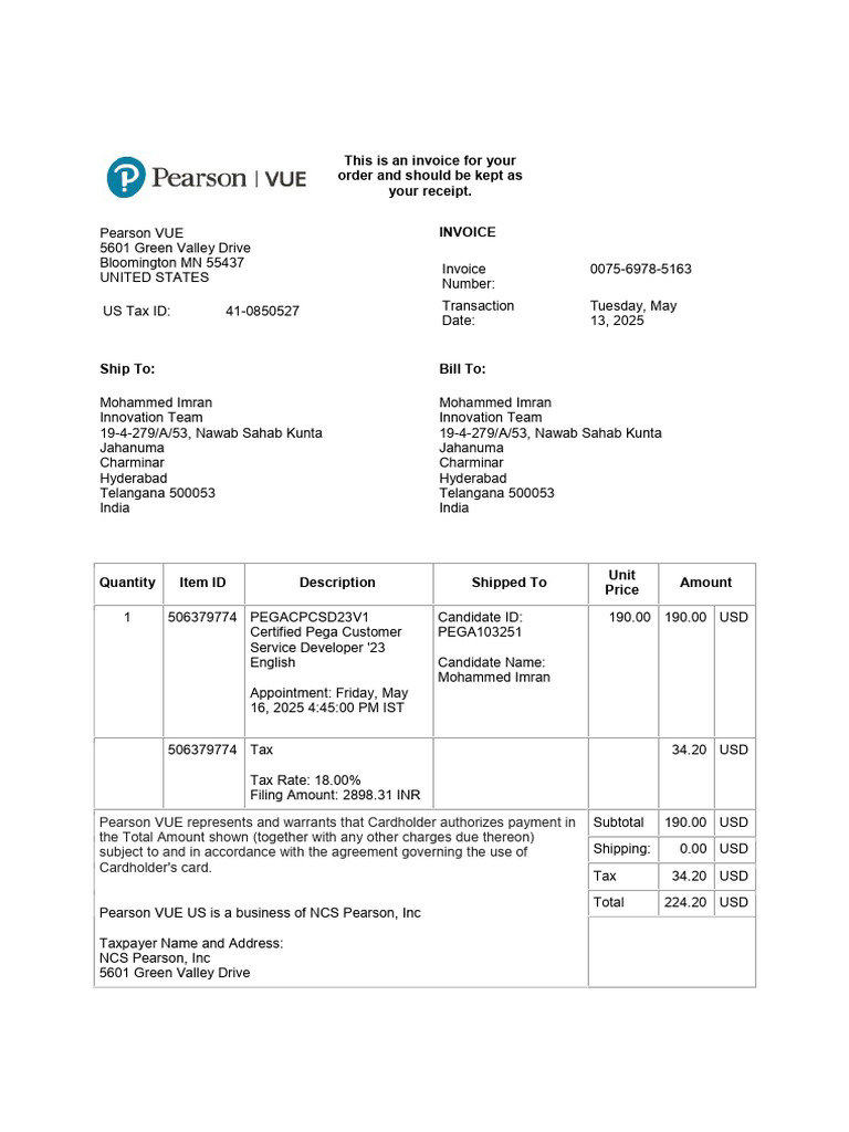 Pearson Vue Confirmation Receipt | PDF | Value Added Tax | Taxes