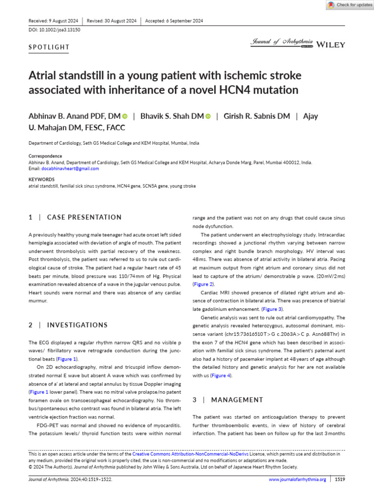 Journal of Arrhythmia - 2024 - Anand - Atrial Standstill in A Young ...