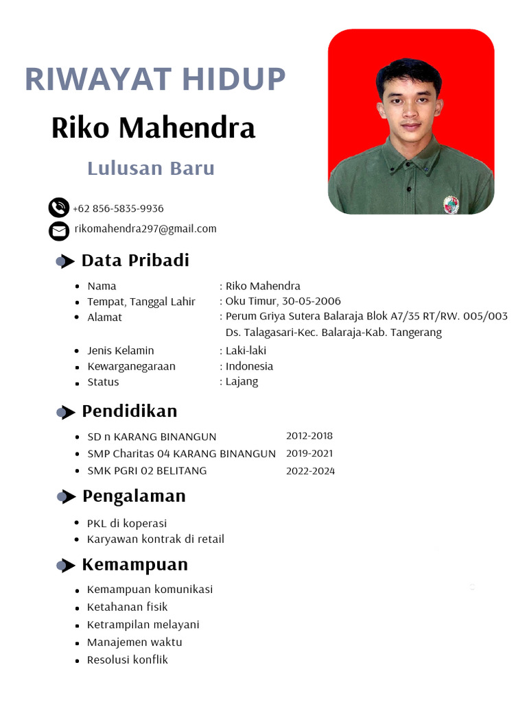 CV Riko Mahendra: Lulusan Baru dan Keterampilan | PDF