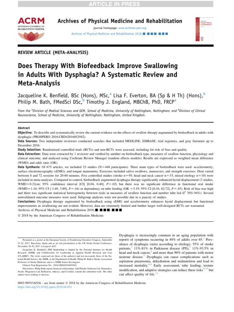 Benfield2018 Biofeedback | PDF | Electromyography | Meta Analysis