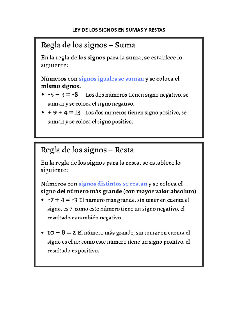 LEY DE LOS SIGNOS EN SUMAS Y RESTAS | PDF