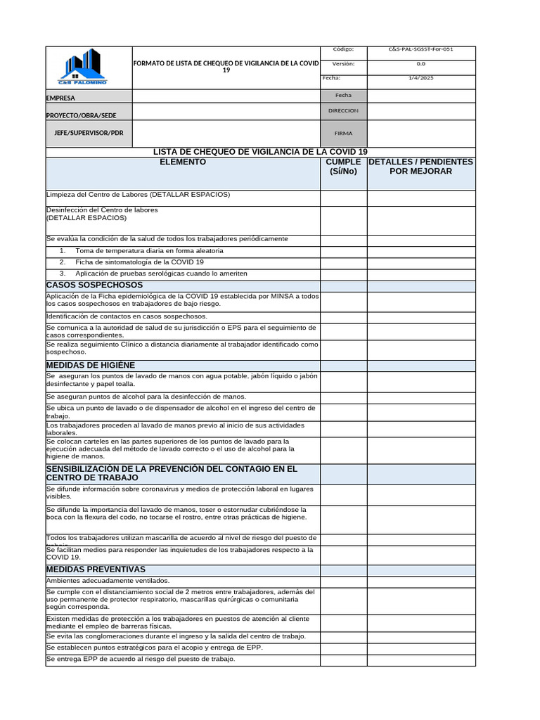 51.-Formato de Lista de Chequeo de Vigilancia de La COVID-19 | PDF ...