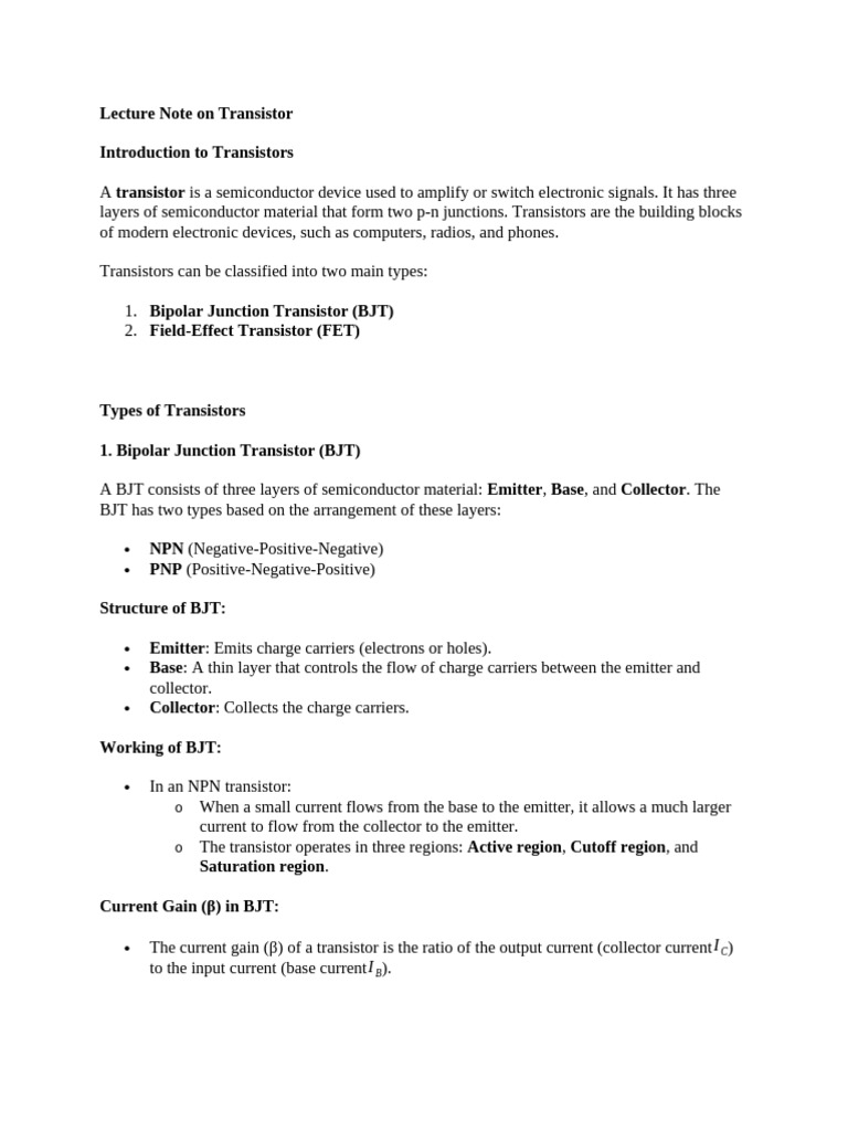 Lecture Note On Transistor | PDF | Field Effect Transistor | Mosfet