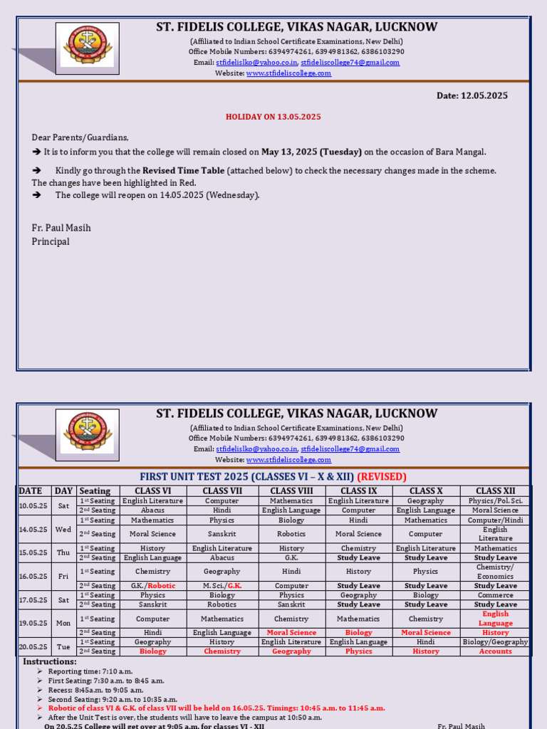 First Unit Test Exam Tme Table (Classes VI - X & XII) - REVISED | PDF ...