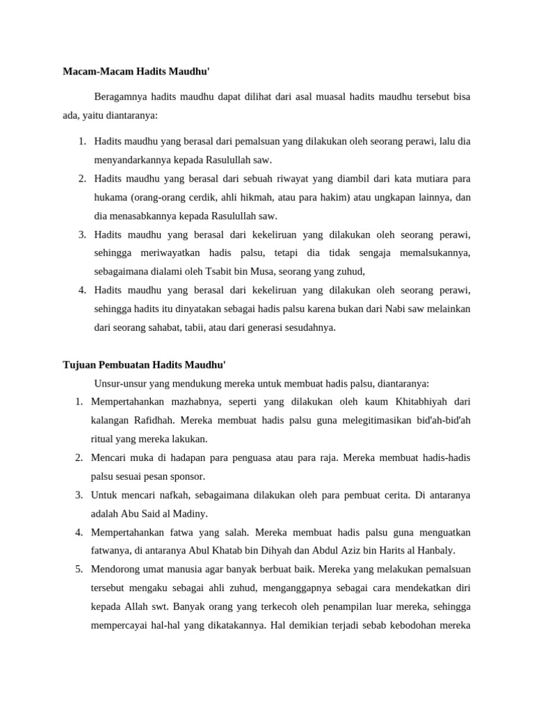 Macam Macam Hadits Maudhu Dan Tujuannya | PDF