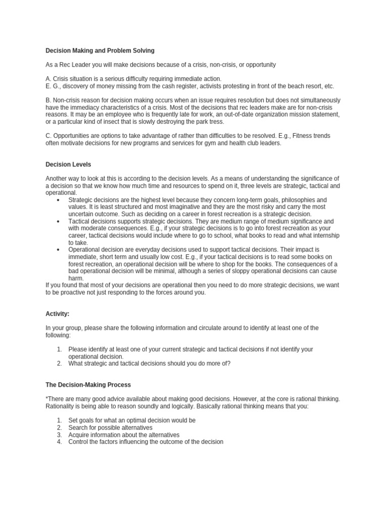 Decision-Making Strategies for Rec Leaders | PDF | Decision Support ...