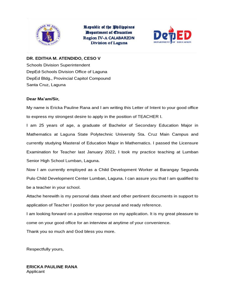 Letter of Intent Ericka Pauline Rana | PDF