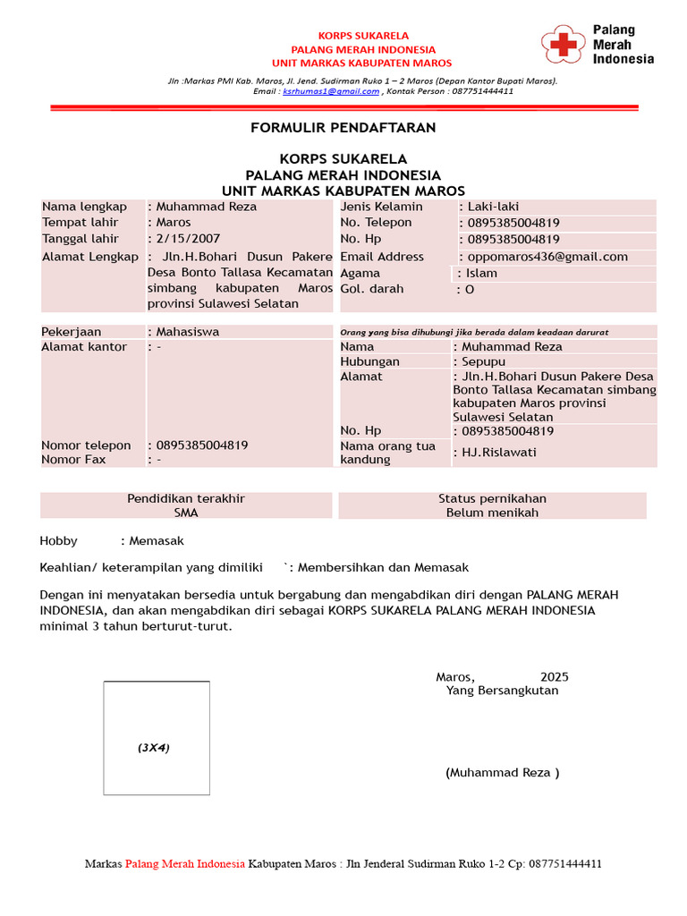 Bukti Pendaftaran Formulir Diklatsar Xvi Ksr-pmi Unit Markas Kab. Maros Muhammad | PDF