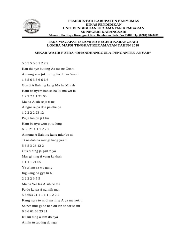 Teks Macapat Mapsi SDN Karangsari 2018 | PDF