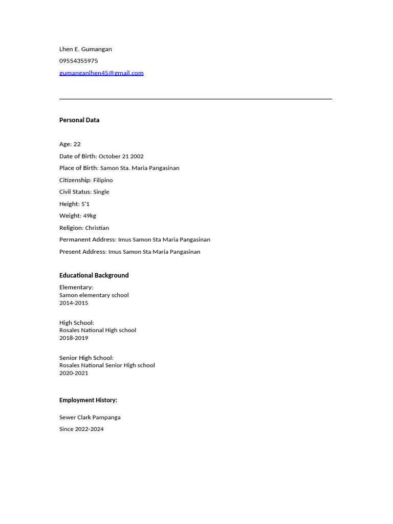 Personal Profile of Lhen E. Gumangan | PDF