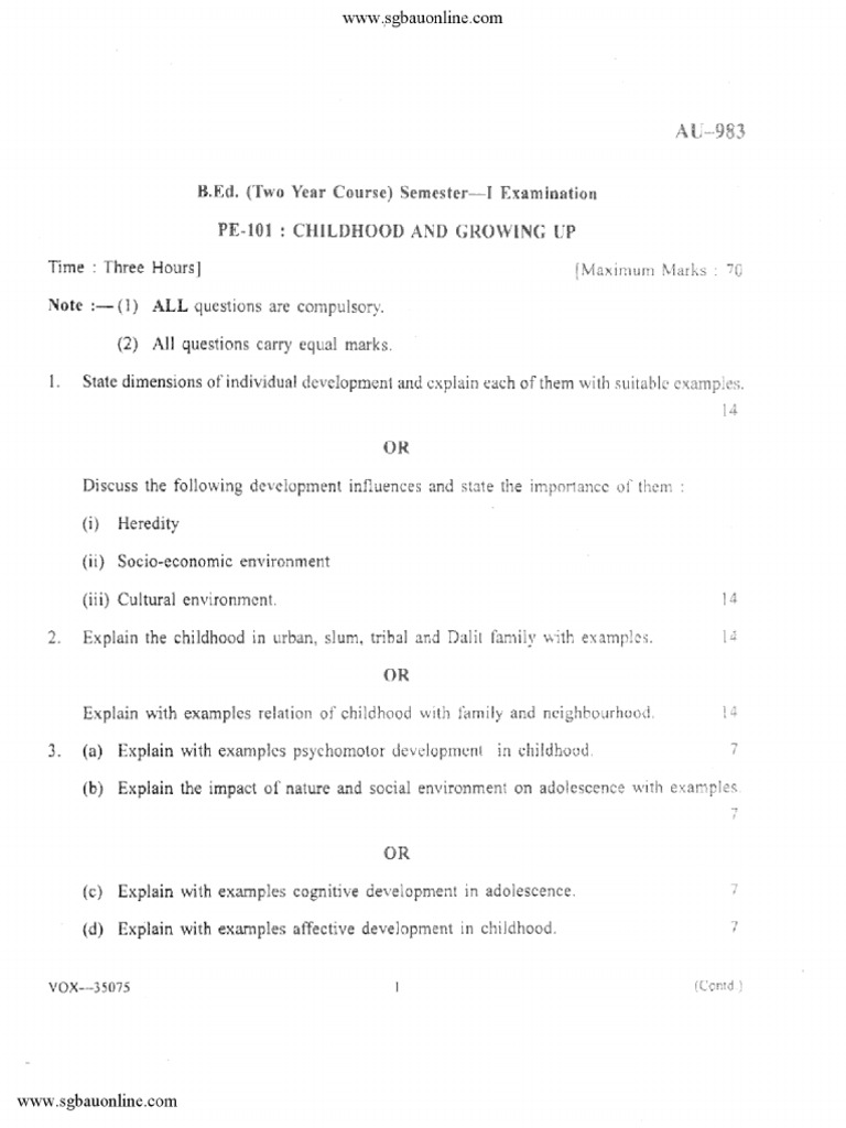 B Ed 1 Sem Childhood and Growing Up Summer 2018 | PDF