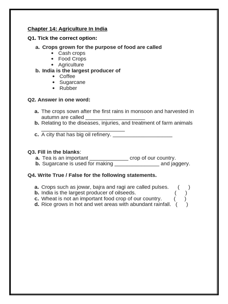 Agriculture in India: Class 4 Worksheet | PDF | Crops | Agriculture