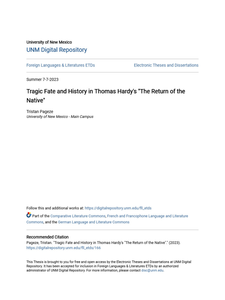 Tragic Fate and History in Thomas Hardys The Return of the Nati | PDF ...