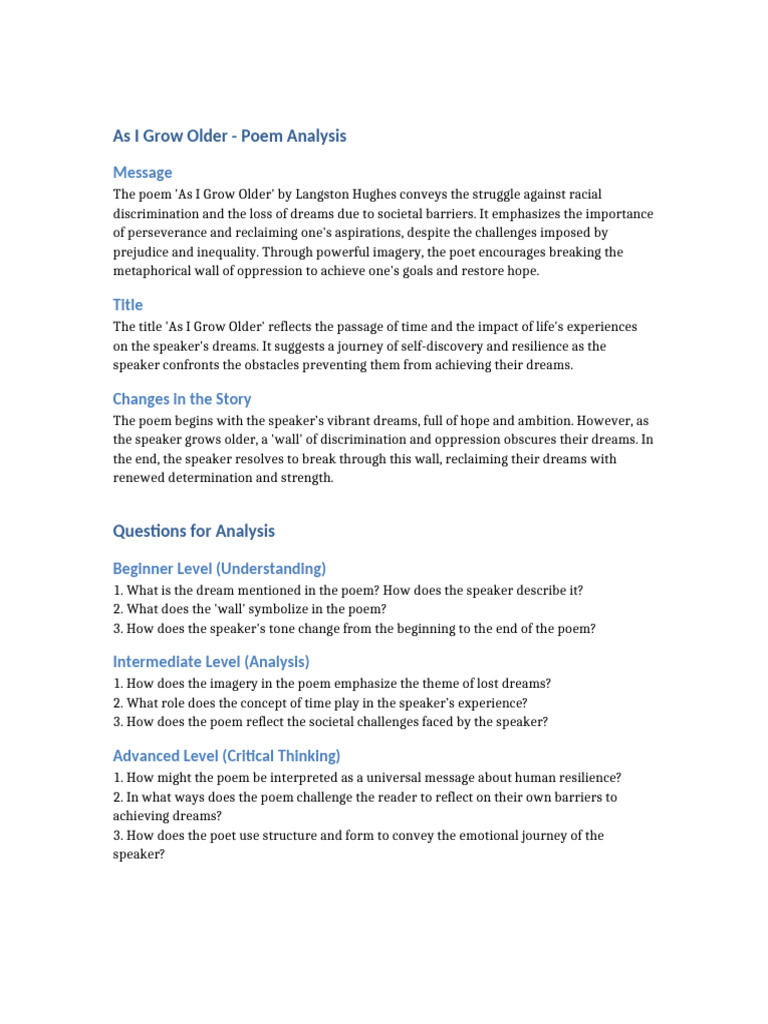 As I Grow Older Analysis Questions | PDF