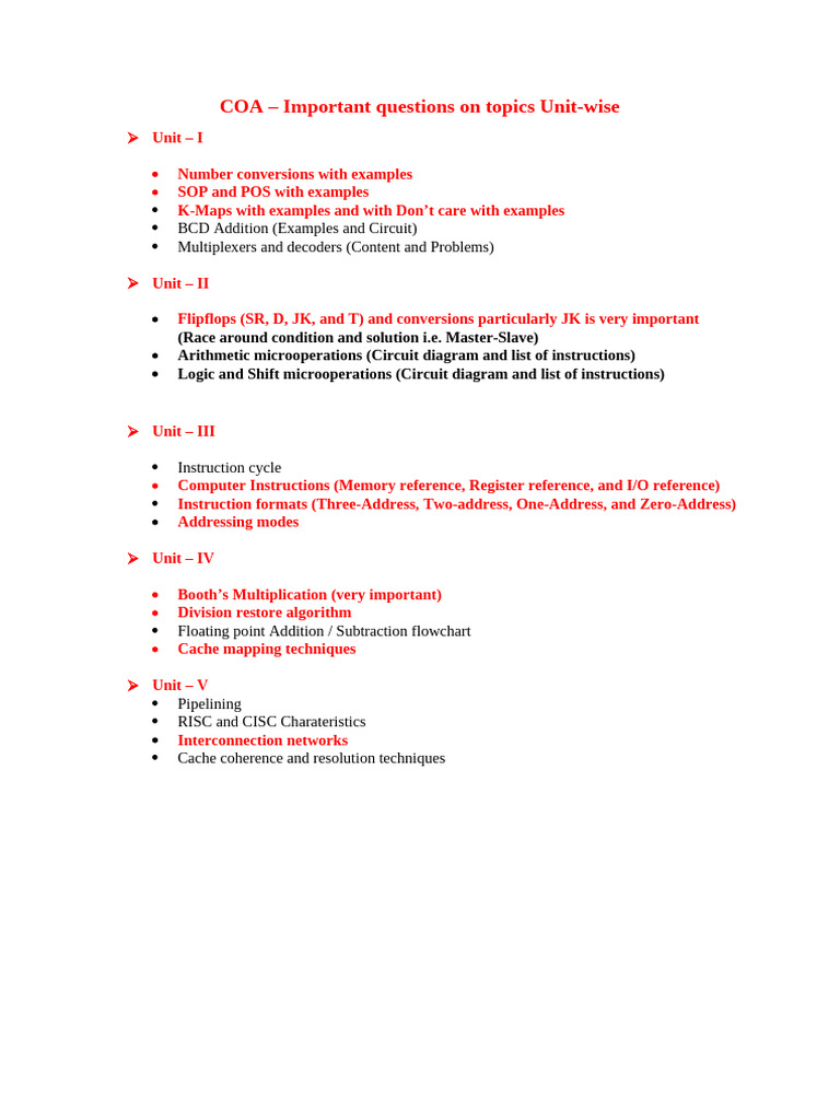 COA - Important Questions - Unit Wise | PDF