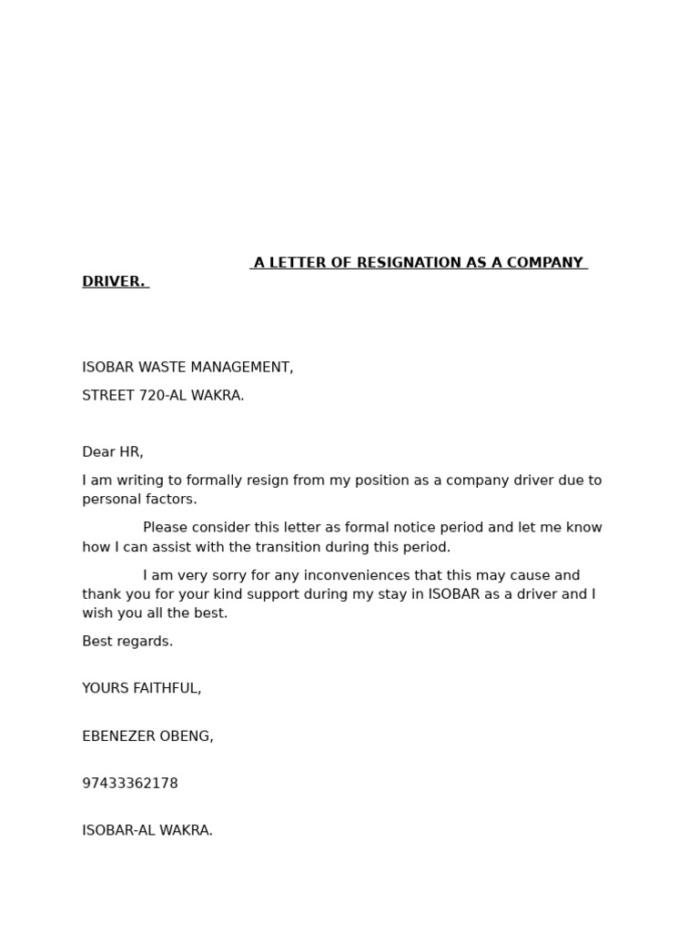 A Letter of Resignation As A Company Driver | PDF