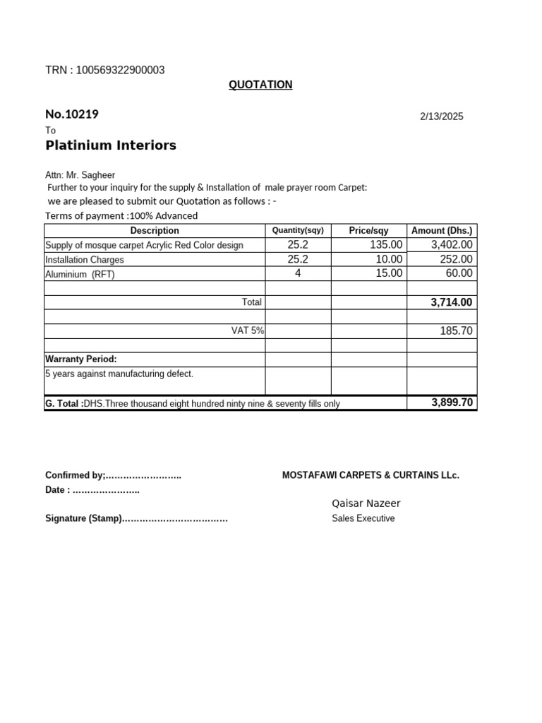 Quotation for Mosque Carpet Supply | PDF