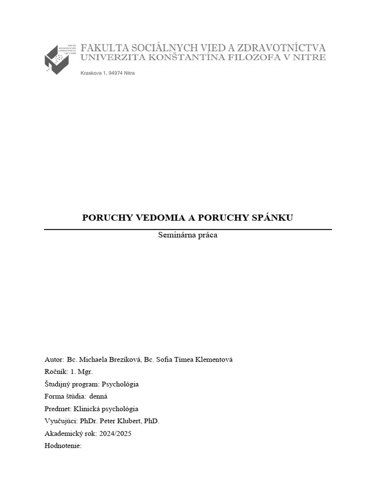 Poruchy Vedomia A Spánku | PDF