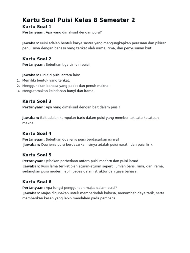 Kartu Soal Puisi Kelas 8 Semester 2 | PDF