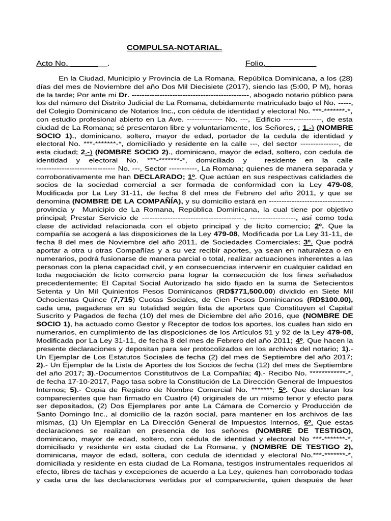 Compulsa Notarial (Constitucion de Compañia) MODELO | PDF | República Dominicana