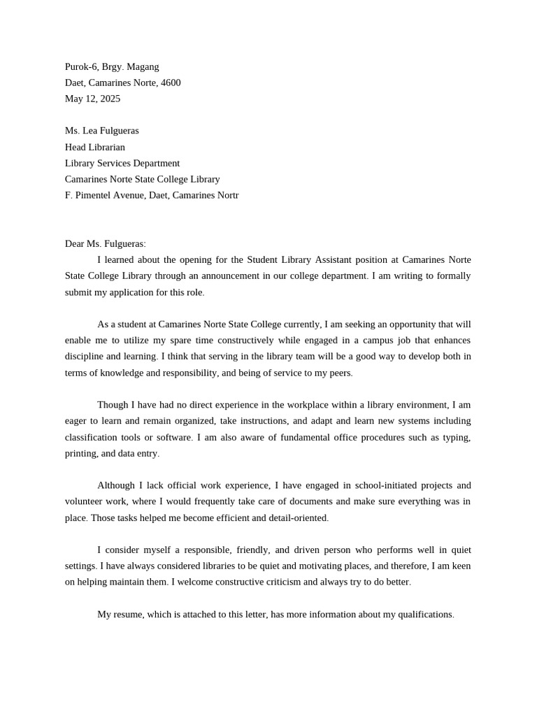 Application Letter and Resume | PDF | Libraries | Learning