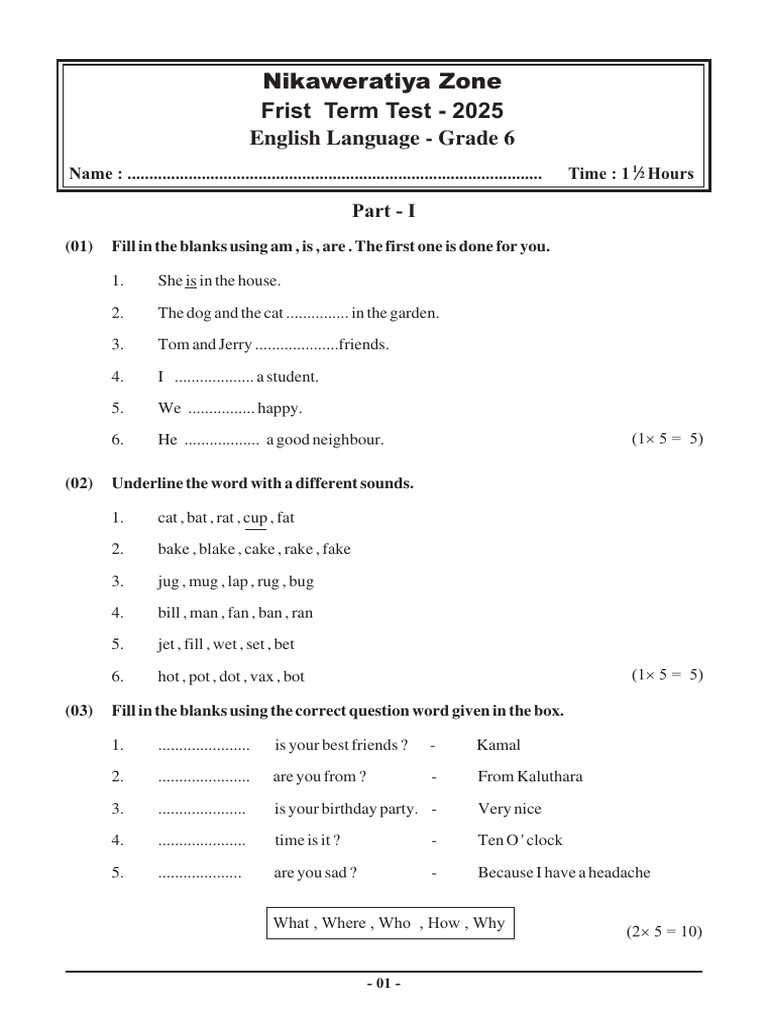 English - Grade 6 - First Term Test 2025 - Nikaweratiya Zone | PDF