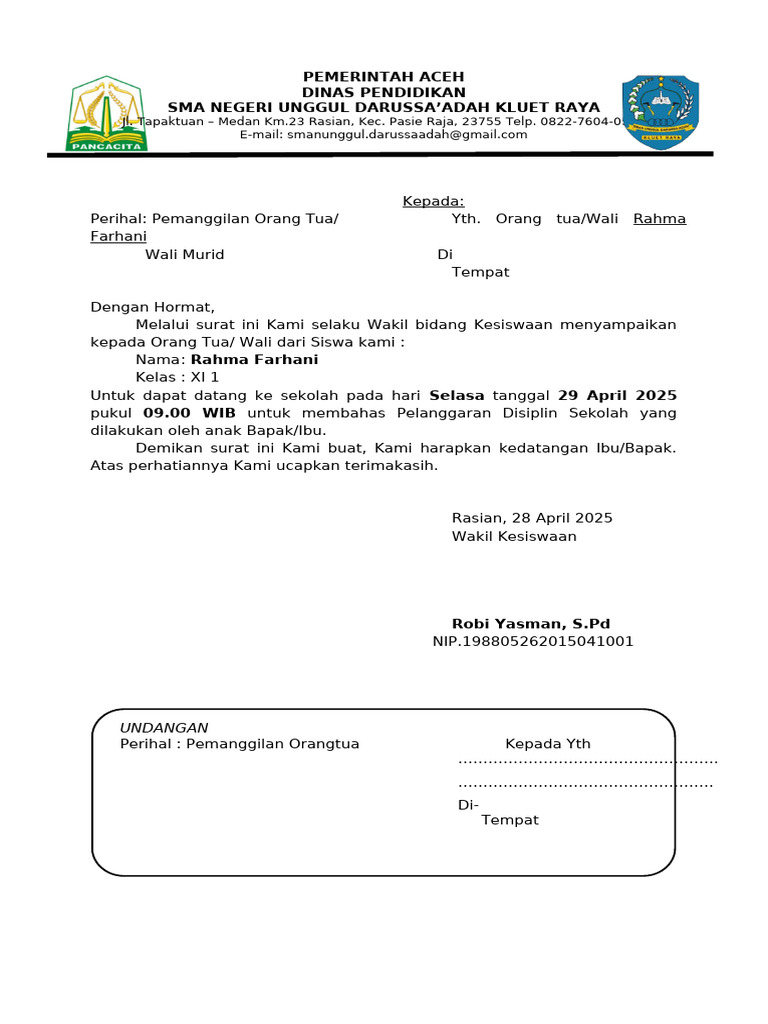 Pemanggilan Orang Tua Siswa SMA Darussa'adah | PDF