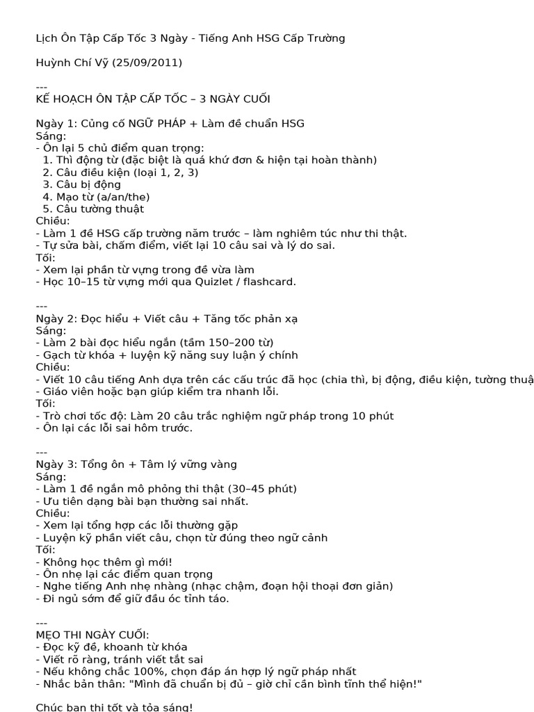 On Tap Cap Toc 3 Ngay Tieng Anh HSG Huynh Chi Vy | PDF