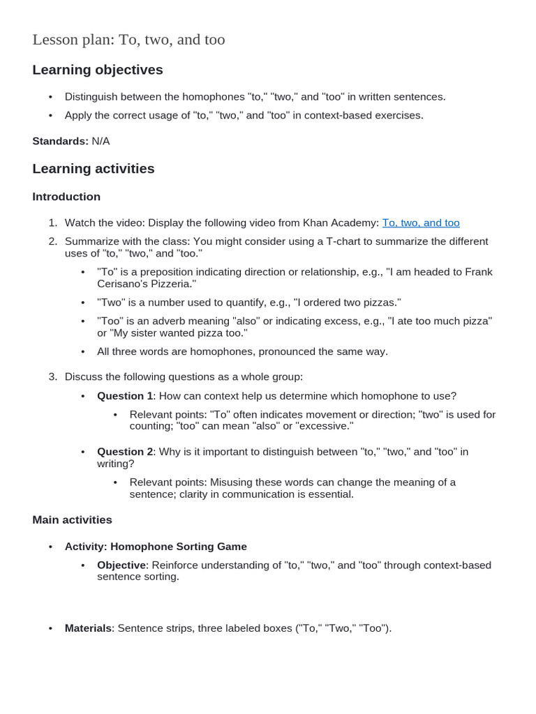 Lesson Plan - To, Two, and Too | PDF | Adverb | Cognitive Science