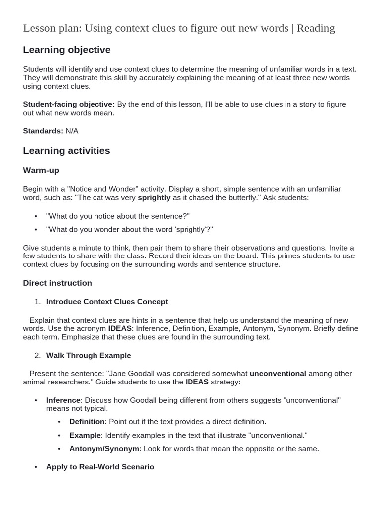 Lesson Plan - Using Context Clues To Figure Out New Words - Reading ...