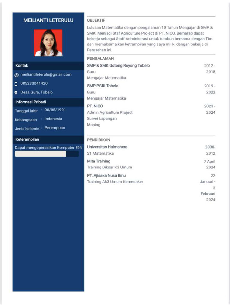 Berkas Lamaran Kerja Meilianti Leterulu | PDF