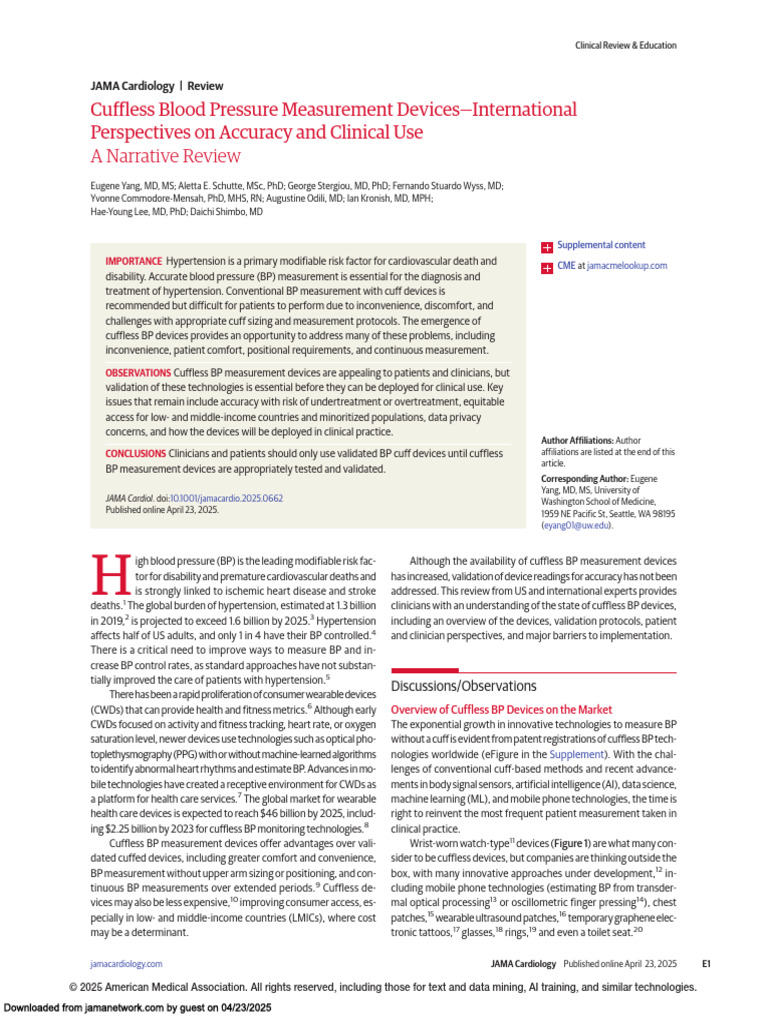 Cuffless Blood Pressure Measurement Devices JAMA 23 4 2025 | PDF | Hypertension | Cardiovascular ...