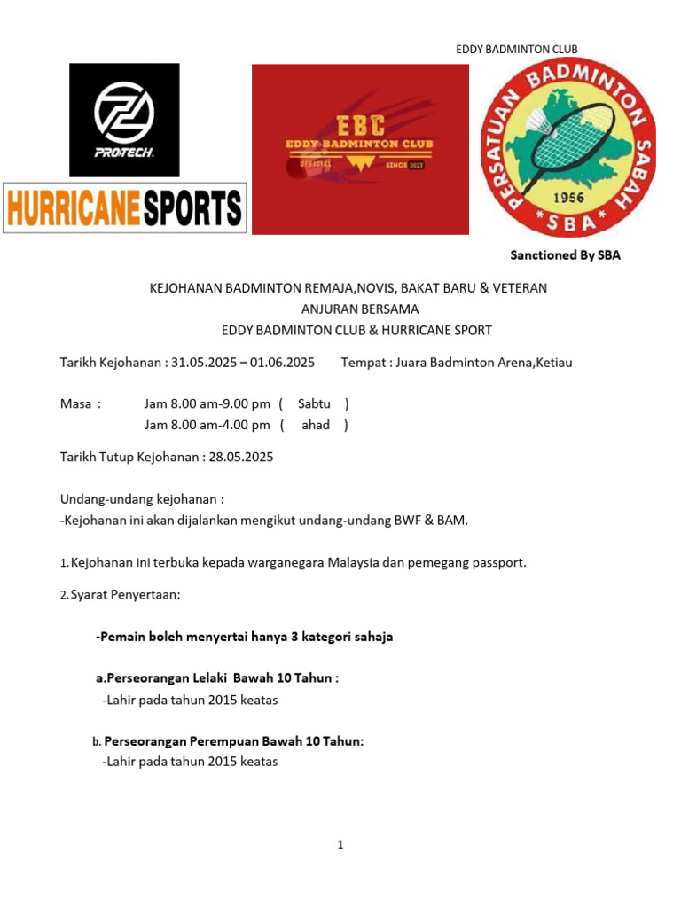 Syarat Kejohanan Badminton Remaja, Novis Dan Bakat Baru Tertutup Sabah ...