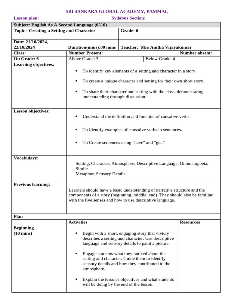 ESL Lesson Plan: Setting & Character Creation | PDF | Metaphor ...