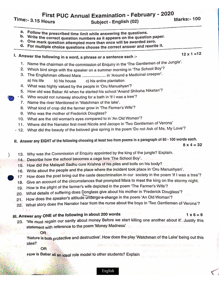 1st Puc English Annual Exam Question Paper 2019-20 | PDF