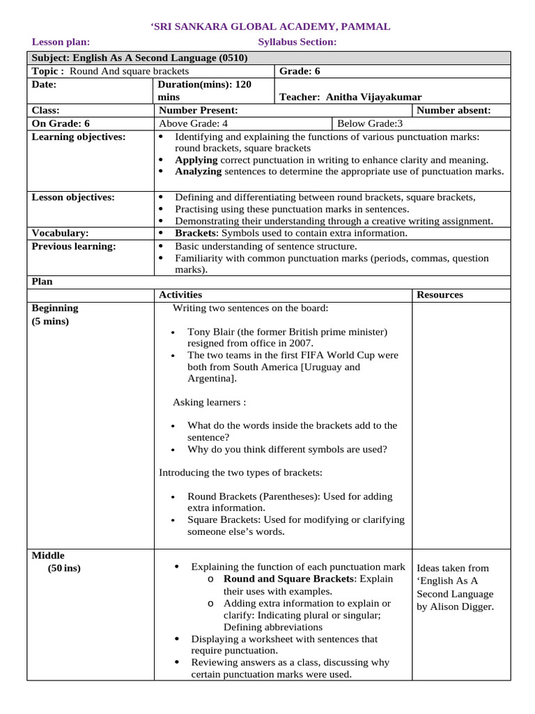 Lesson Plan - Grade 6 Round and Square Brackets | PDF | Bracket | Learning