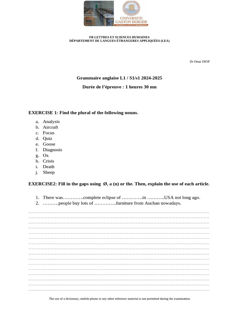 Grammar L1 EXAM S1 2025 | PDF