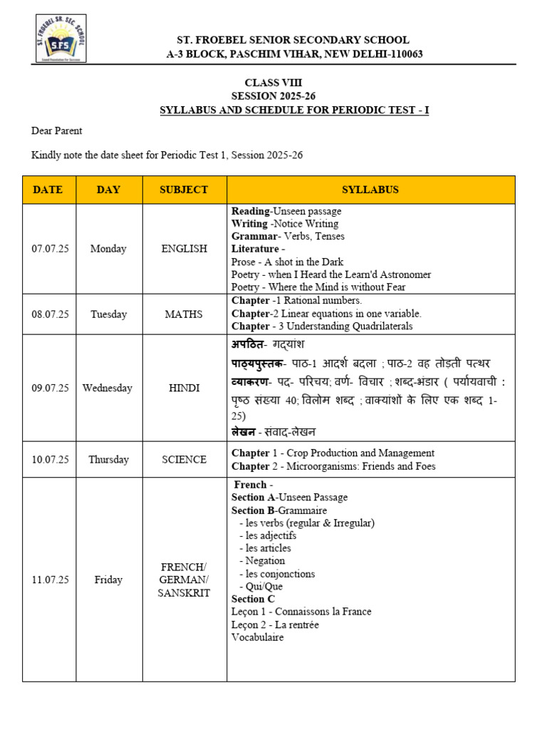 Class - 8 Periodic1datesheet & Syllabus25-26-1 | PDF