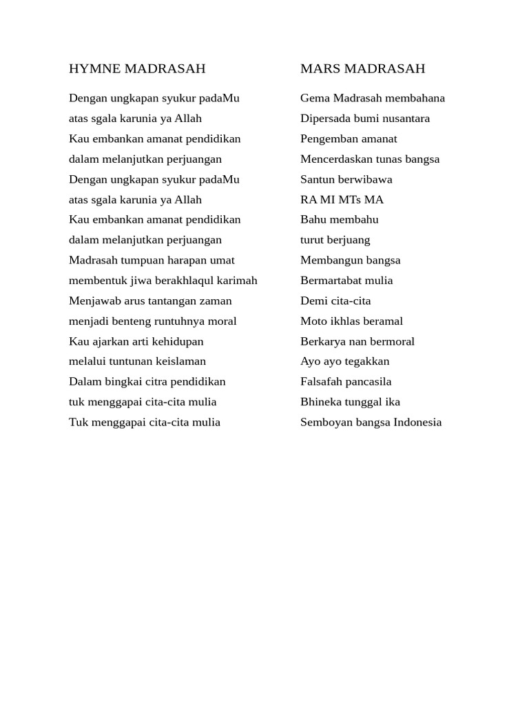 Teks Hymne & Mars Madrasah | PDF