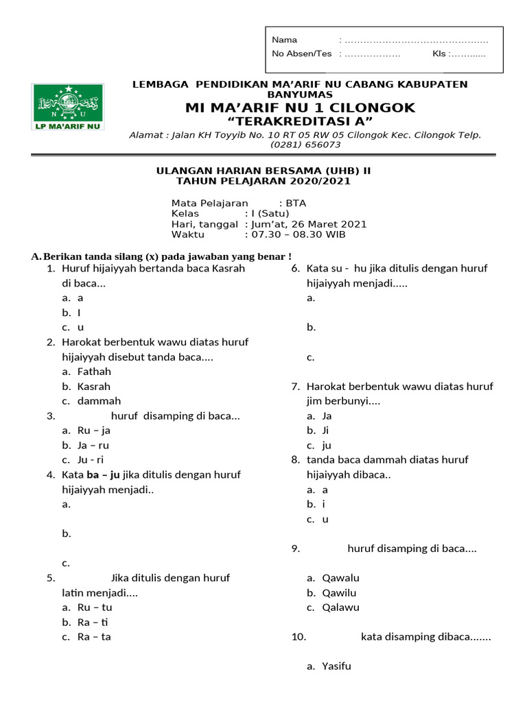 1. BTA KELAS 1 UHB 2_PTS 2_ TP 2020_2021 | PDF