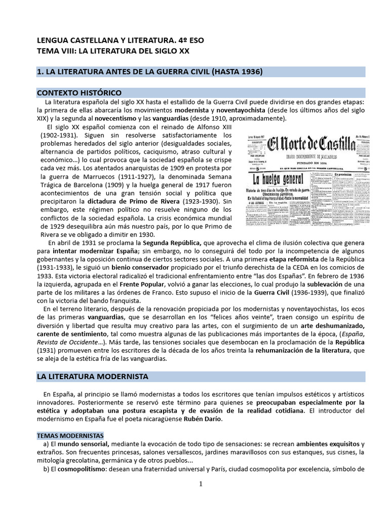 Tema VIII LA LITERATURA DEL SIGLO XX | PDF