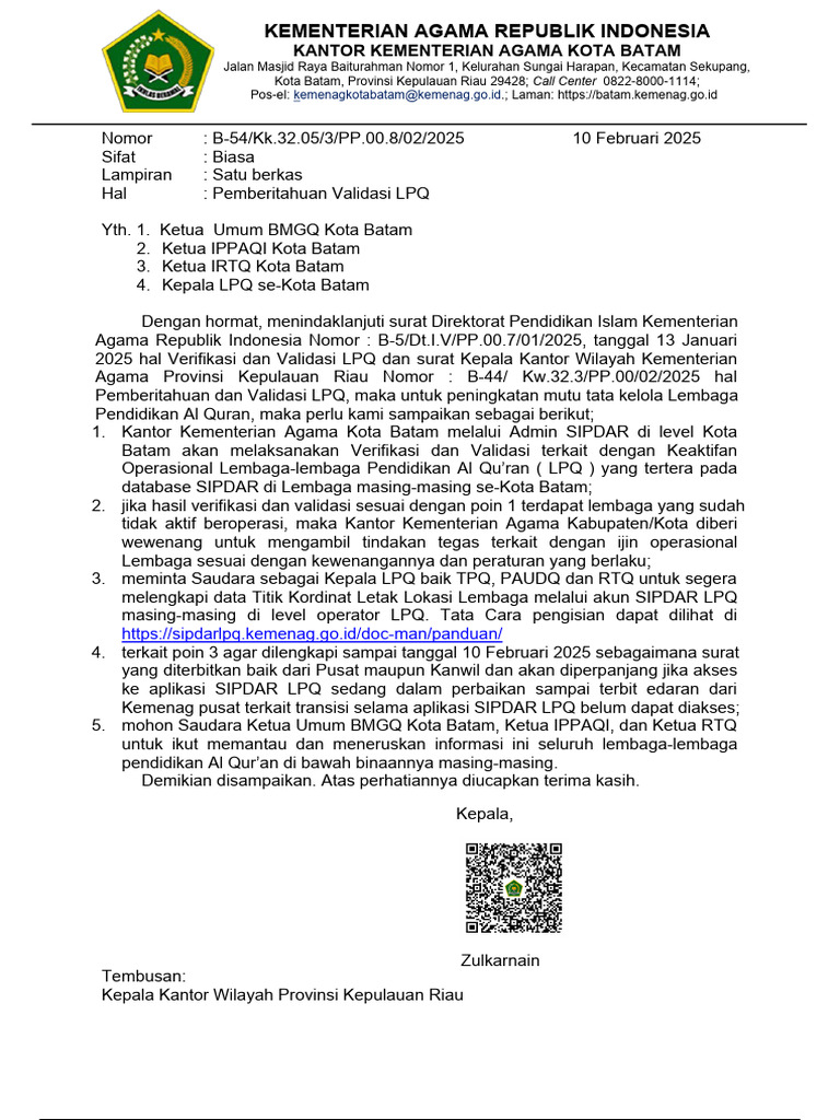 PEMBERITAHUAN VALIDASI LPQ 2025 OK | PDF