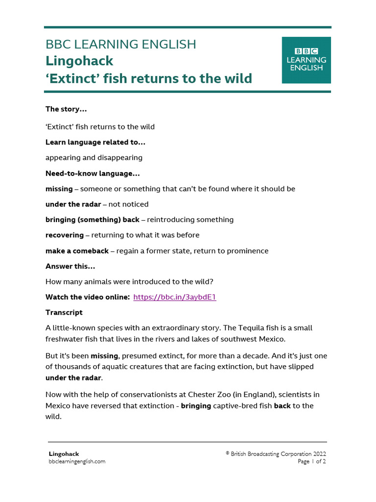 220504_lingohack_tequila_fish | PDF | Extinction | Wildlife