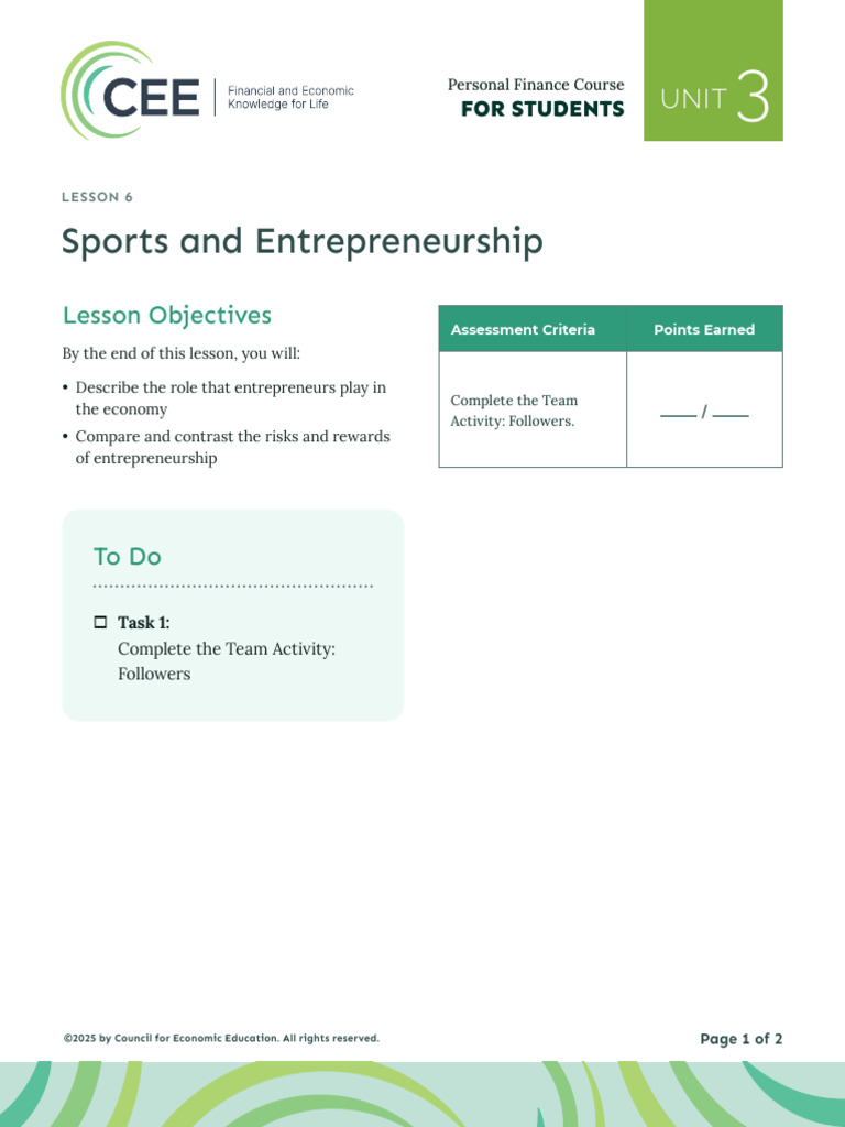 Sports and Entrepreneurship Lesson | PDF