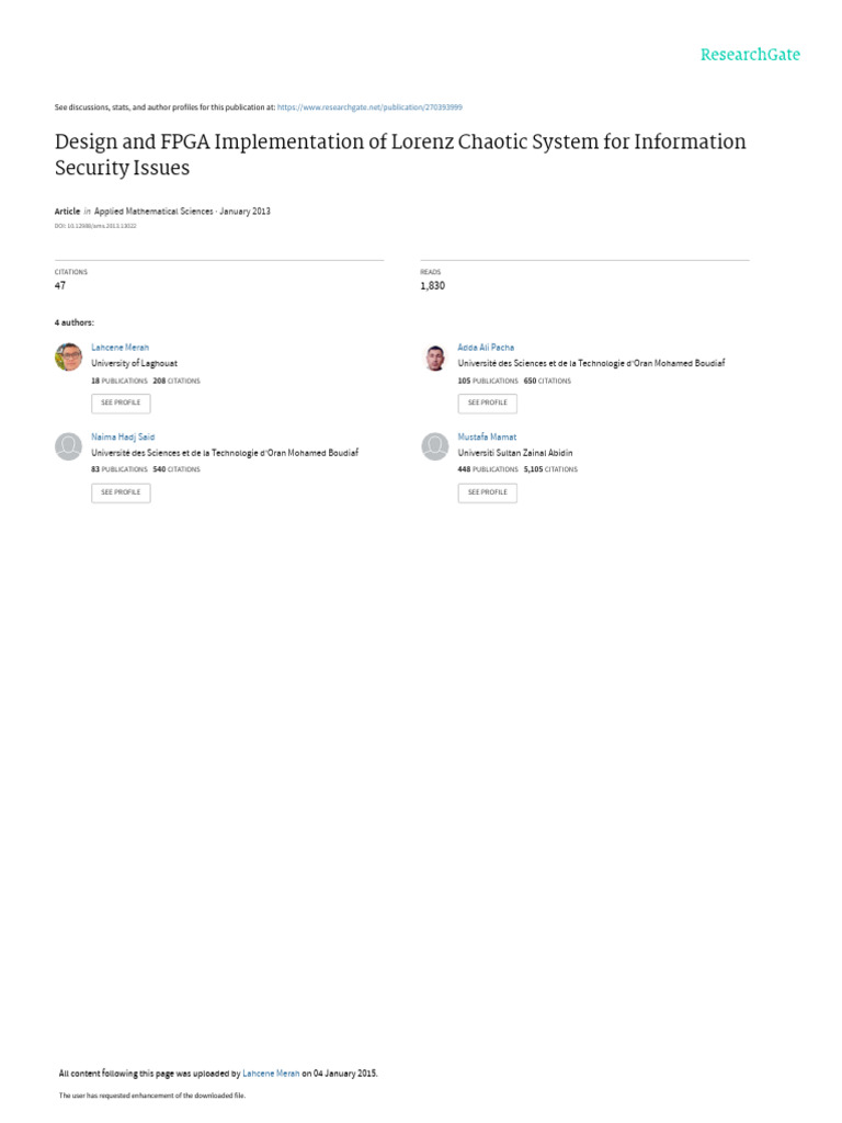 Design and FPGA Implementation of Lorenz Chaotic System For Information Security Issues | PDF ...
